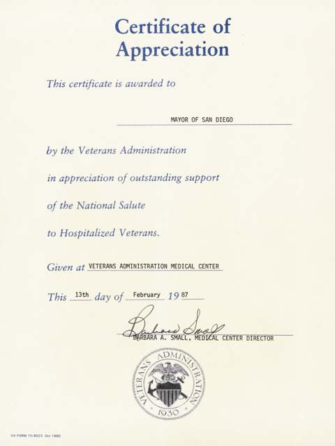 VA Certificate of Appreciation | City of San Diego Official Website