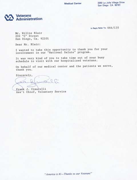 VA Letter to Willie Blair | City of San Diego Official Website