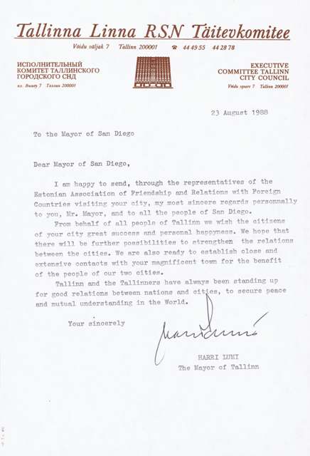 Letter from Mayor of Tallinn, Estonia | City of San Diego Official Website