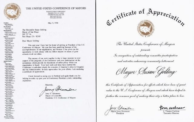 1994 U.S. Conference of Mayors Certificate | City of San Diego Official ...
