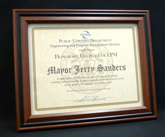 Plaque - Honorary Engineer of EPM | City of San Diego Official Website